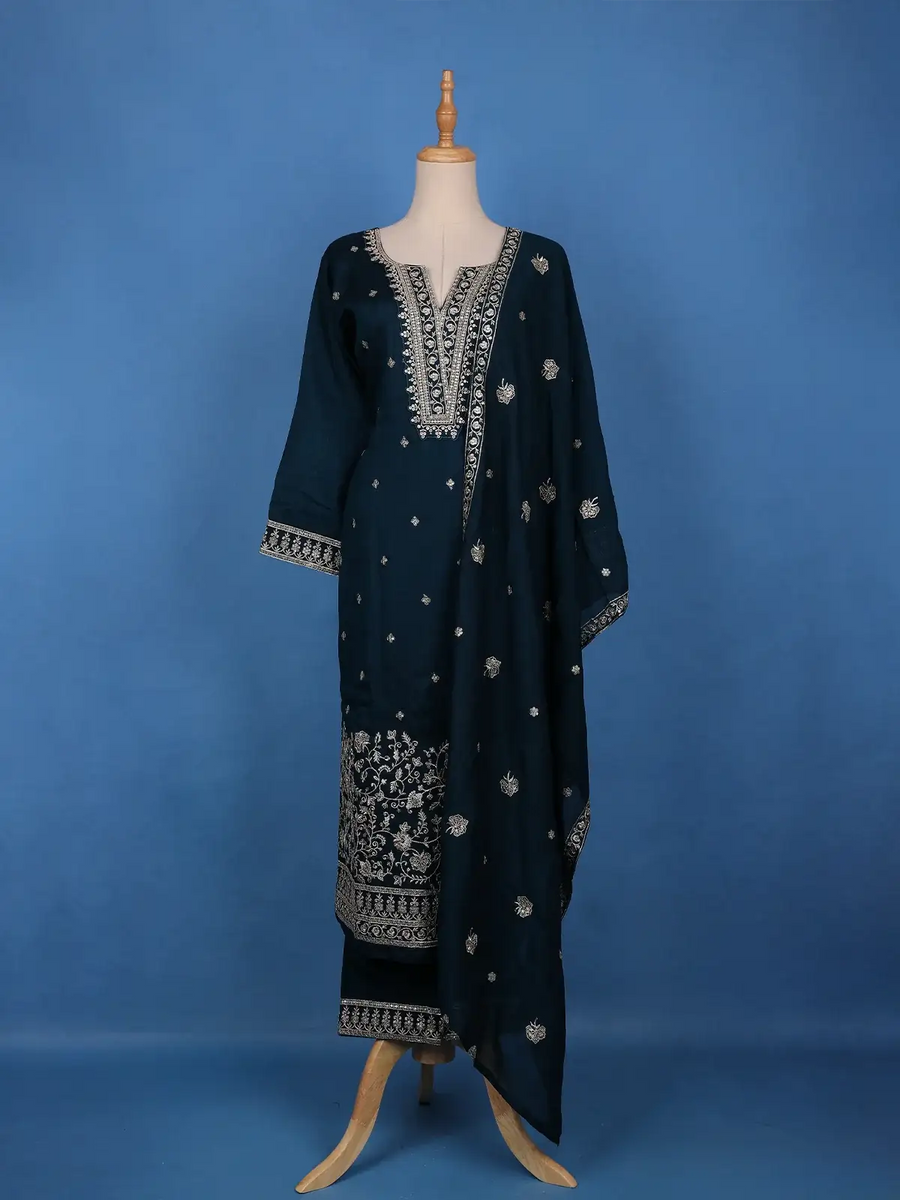 Azure Blue Floral Design Sequin Work Georgette Salwar Suit | Diadem