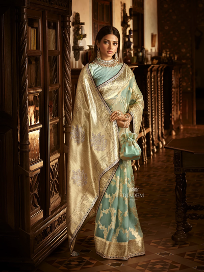 Deep Navy Blue Floral Butta Design Soft Silk Fancy Wear Saree with Self ...