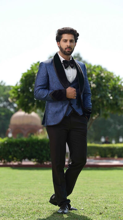 Navy Blue Self-Textured Design Full Sleeve Cotton Men's Shirt | Diadem