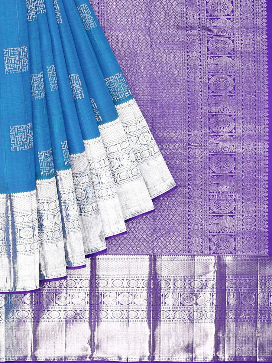 Stunning Blue Pure Kanchipuram Silk Saree with Zari Butta & Contrast ...