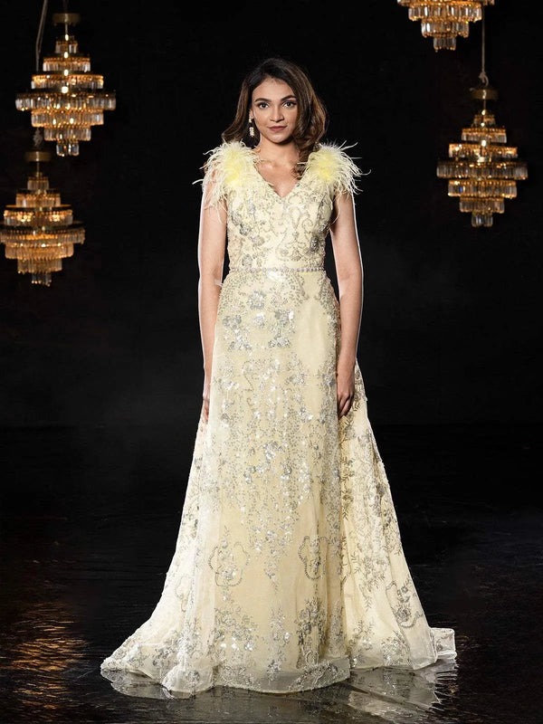 Light Yellow Net Gown with Sequins and Feathers | Diadem