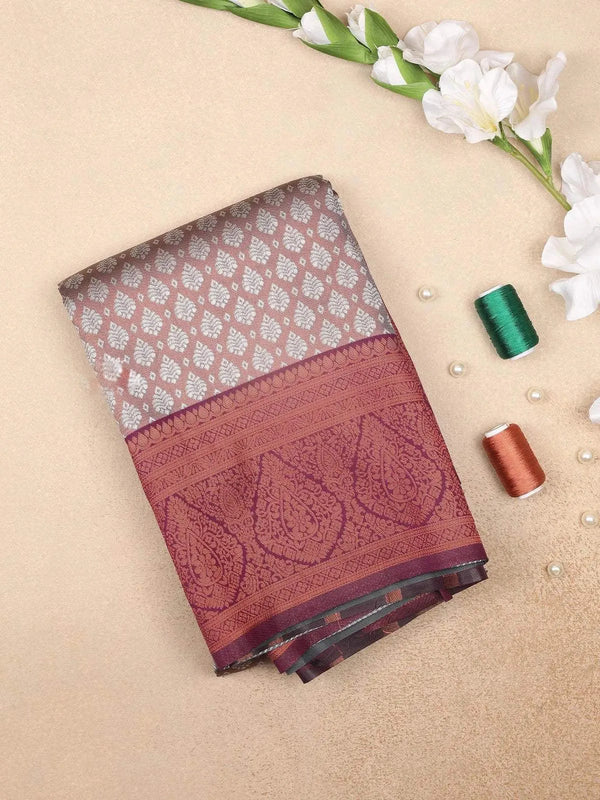 Grey Art Silk Saree with Leaf Grid Design on the Body with Contrast ...