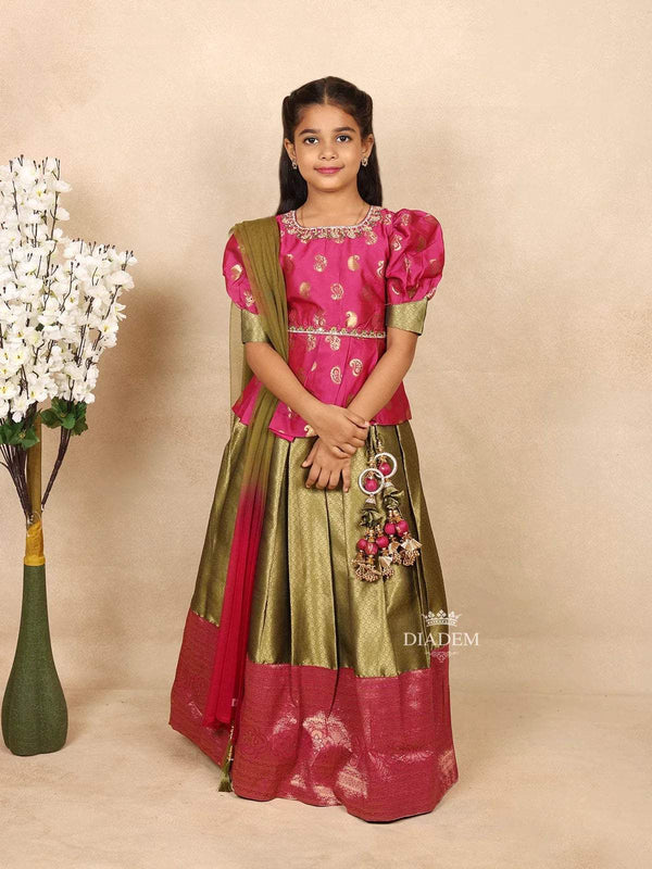 Pink with Green Silk Pavada Sattai Set with Floral Design on the Body ...