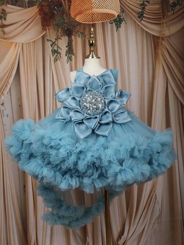Aqua Blue Floral Layered Design Net Ruffle Frock | Diadem
