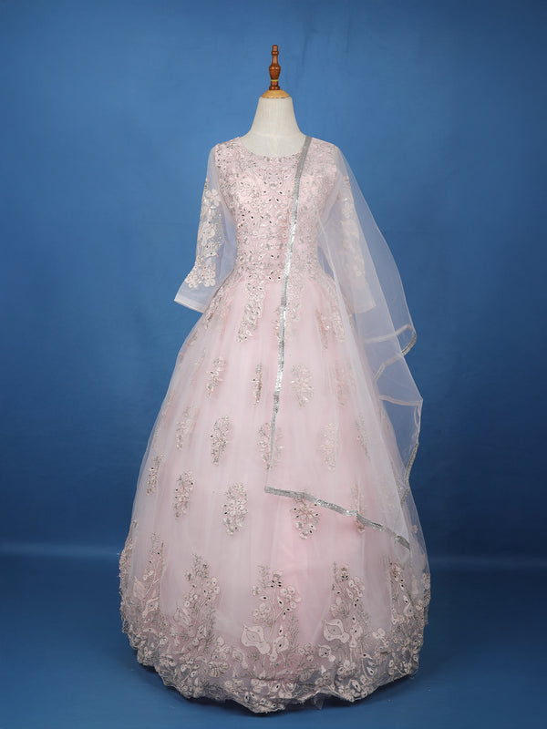 Baby Pink Floral Embroidered Design Net Ball Gown | Diadem