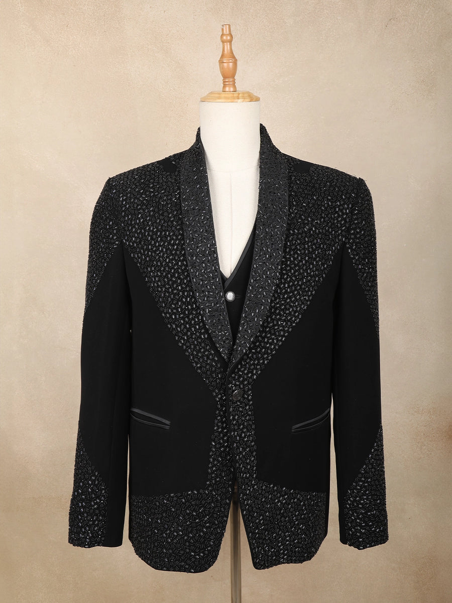Black Beads and Stone Embroidered Rayon Men's Suit | Diadem