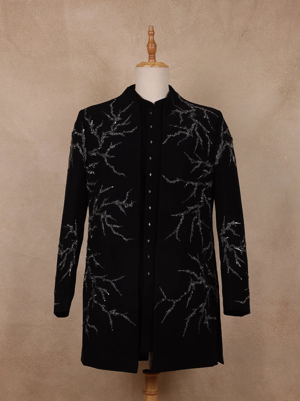 Black Sequins Design Polynosic Sherwani Suit | Diadem