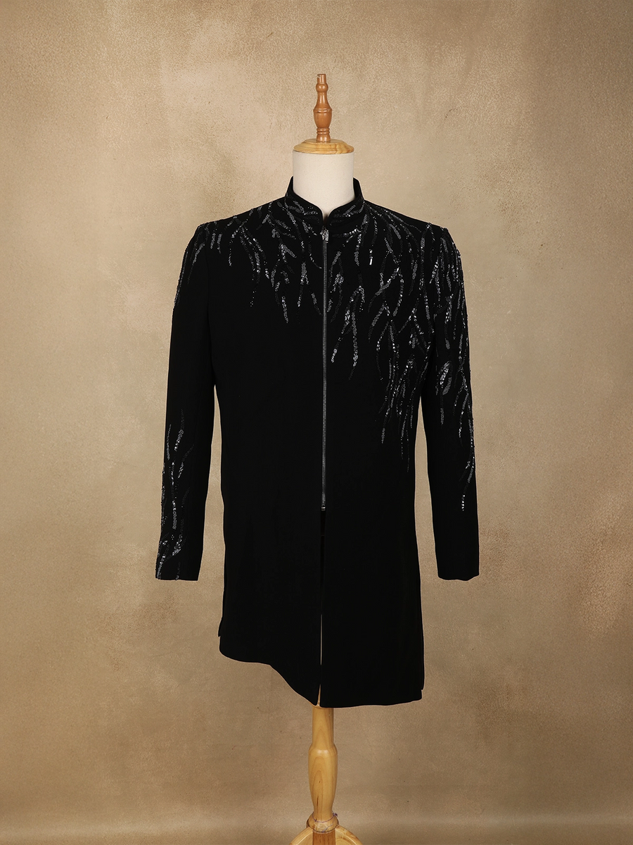 Black Sequins Embellished Design Polynosic Men's Sherwani Set | Diadem