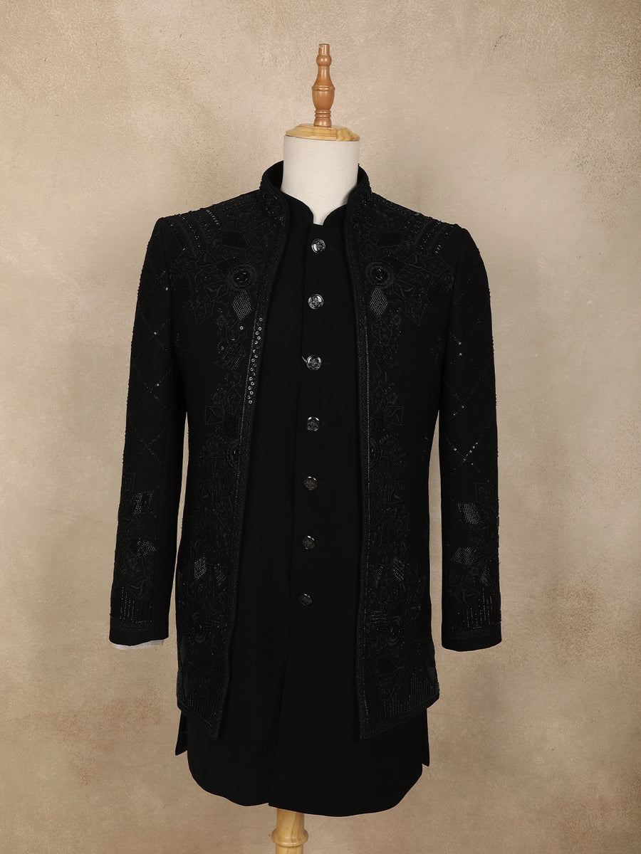 Black Sequins Embroidered Polynosic Sherwani Set | Diadem