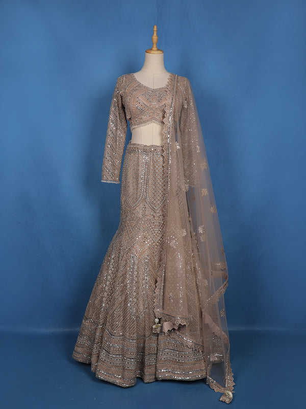 Champagne Beige Sequins Embroidered Mermaid Net Lehenga With Dupatta ...