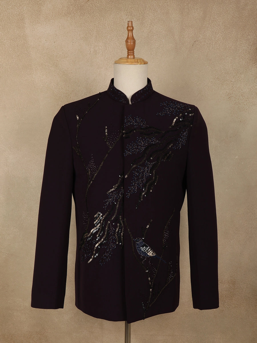 Classic Jet Black Horse Sequins Design Polynosic Men's Suit | Diadem
