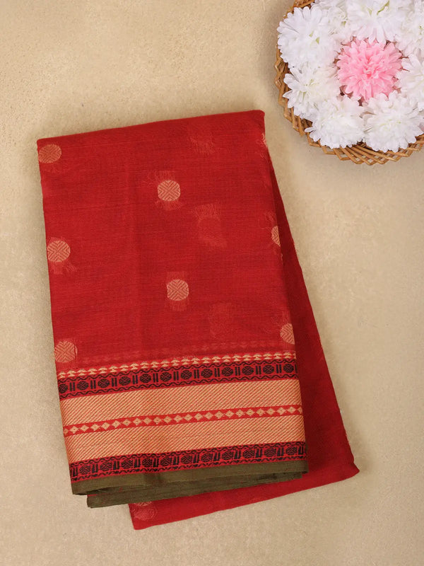 Deep Red Circle Motif Design Cotton Saree | Diadem