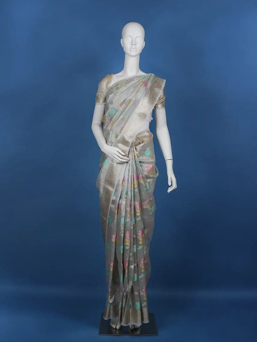Grey Floral Designed Semi Tissue Saree | Diadem India