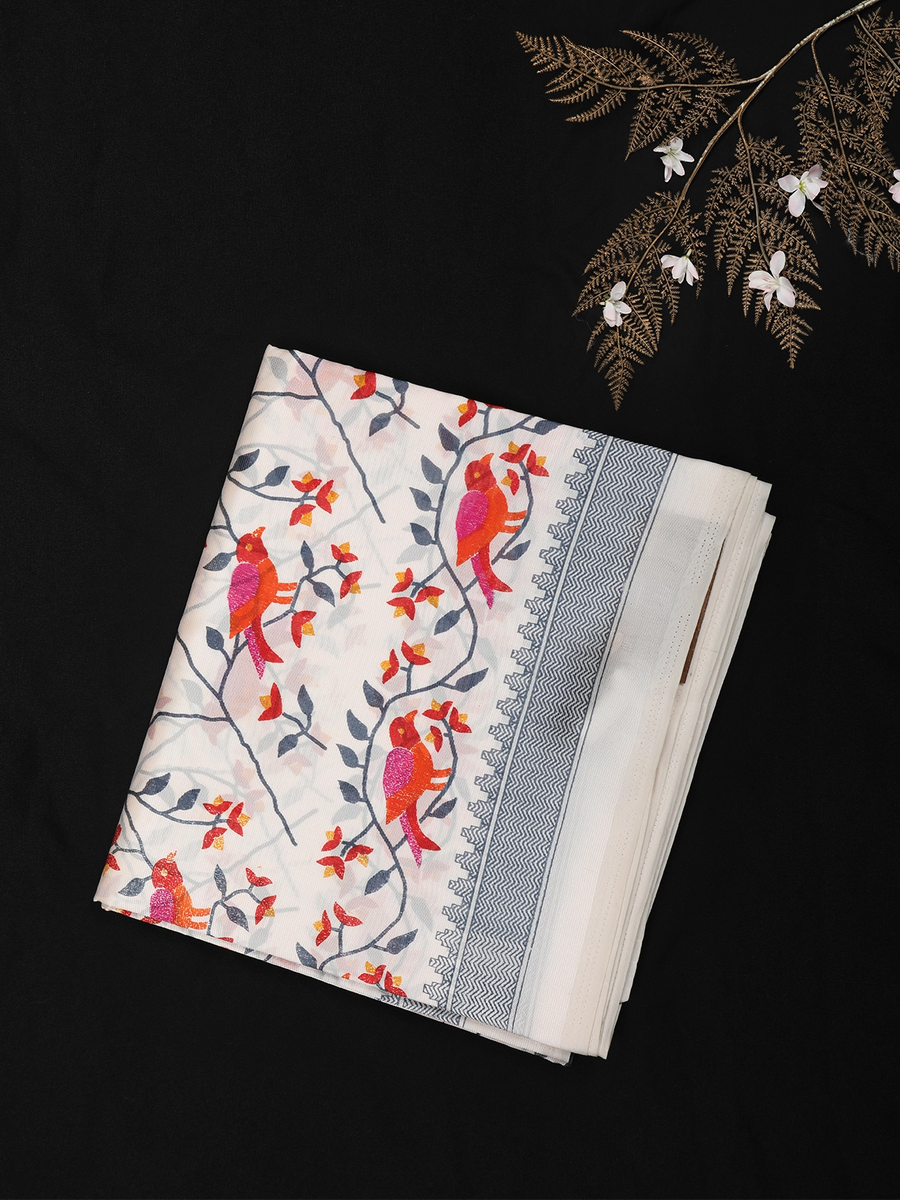 Ivory White and Red Floral and Birds Printed Design Crepe Silk Saree ...
