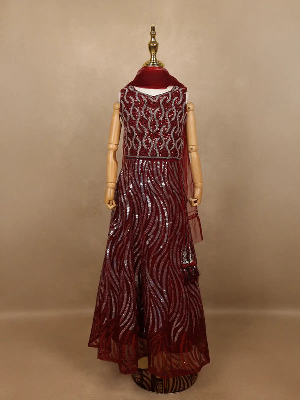 Maroon Sequins Designed Net Lehenga | Diadem