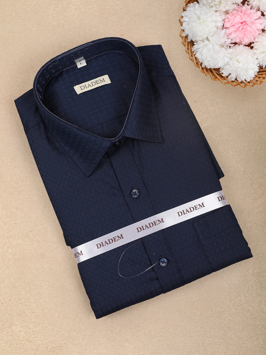 Navy Blue Self-Textured Design Full Sleeve Cotton Men's Shirt | Diadem