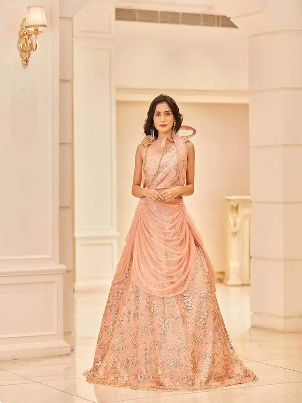 Pink Net Gown Adorned with Floral Laces and Sequins | Diadem