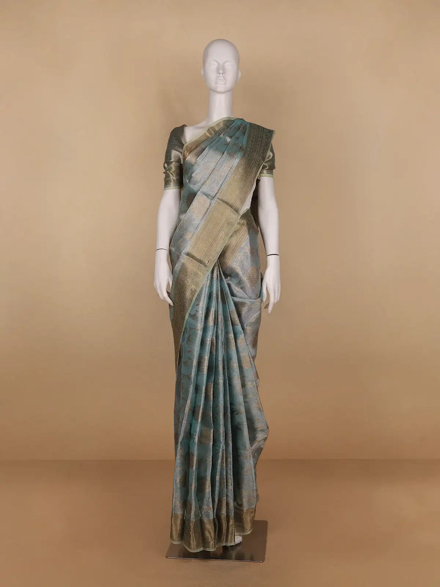 Pastel Teal Blue Floral Motifs Semi Tissue Saree