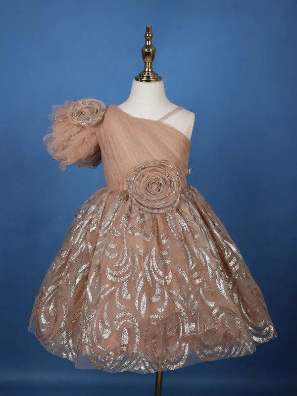 Peach One-Shoulder Glitter Net Party Frock with 3D Floral ...
