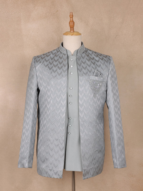 Powder Blue Arrow Design Jacquard Men's Suit with Embroidered Collar ...