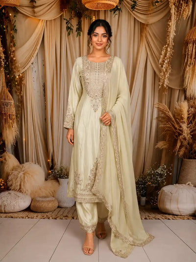 Olive Green Floral Embroidered Cotton Salwar Suit with Dupatta | Diadem